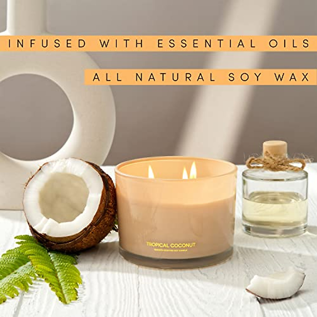 96NORTH Luxury Coconut Soy Candle | Large 3 Wick Jar Candle | Up to 50 Hours Burning Time | Tropical Beach Scented Candles for Home | 100% Natural Soy Wax | Housewarming Gift for Women and Men