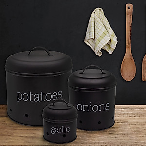 AuldHome Potatoes, Onions and Garlic Canister Set (Black); Contemporary Vegetable Storage Containers