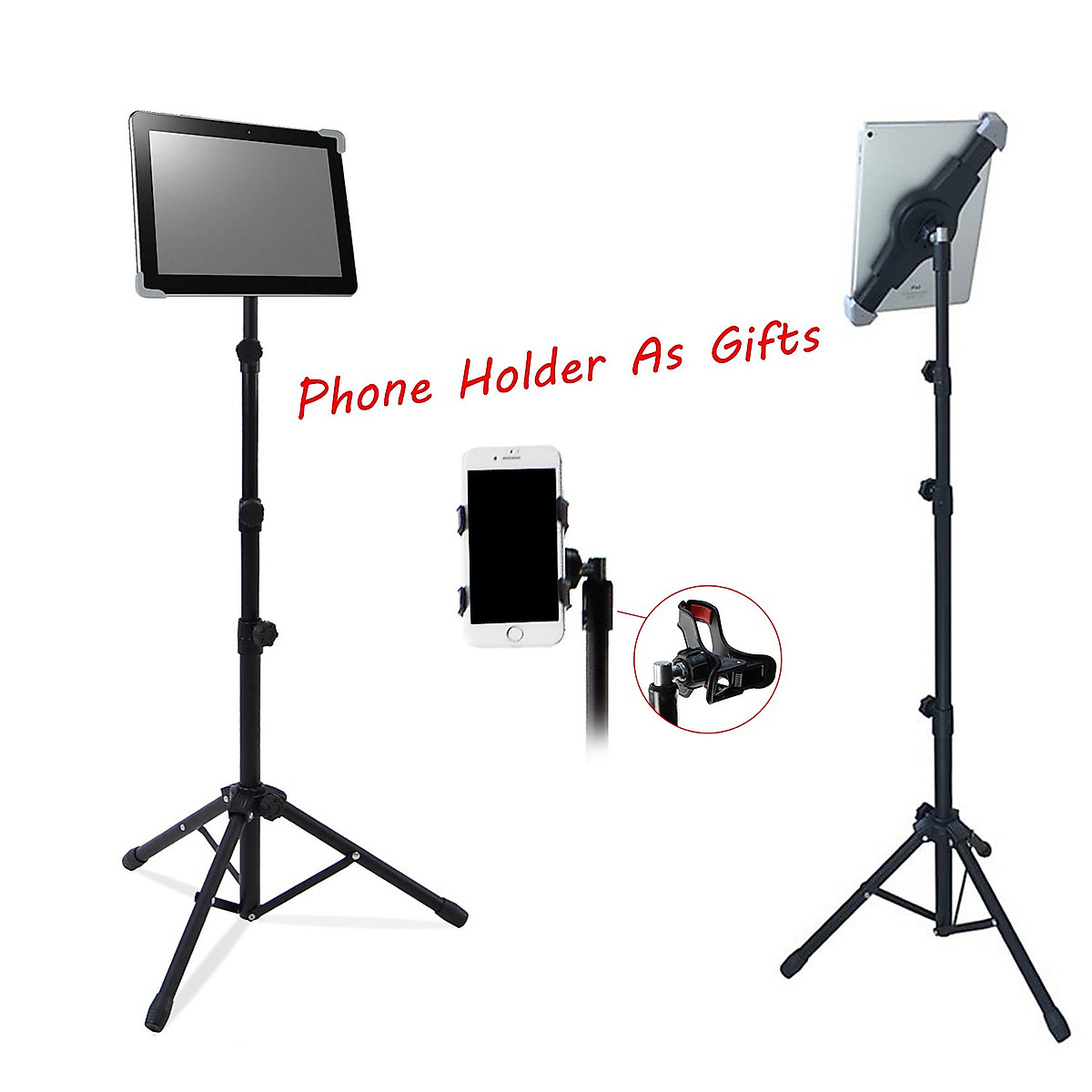 T-SIGN IPad Tripod Stand, Reinforced Foldable Floor Tablet Stand, Height Adjustable 360° Rotating Mount for All 7 to 12 Inches Tablets, Carrying Case, Phone Holder, Bluetooth Remote Control