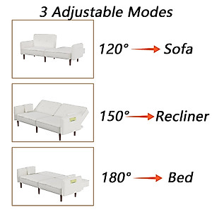 Altillo Modern Upholstered Convertible Futon Sofa Bed with Storage Pockets and 2 Pillows, Foldable Sleeper Sofa Armrest Couch w/6 Solid Wood Legs for Living Room Apartment (White)