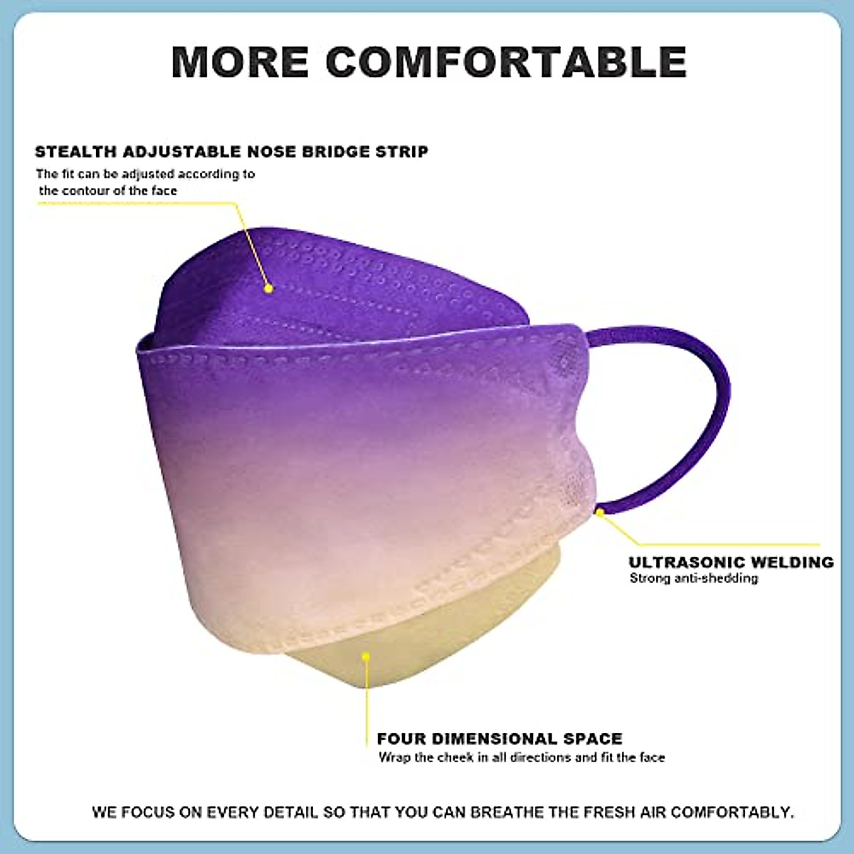 Sheal Individually Packaged Disposable 4 Ply 50PCS 5-Colors Gradient Face Masks with Colorful Elastic Earloops for Adult