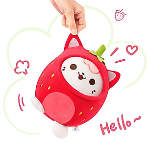 PEACH CAT Strawberry Cat Plush Pillow Cute Strawberry Kitten Stuffed Animal Cat plushie with Strawberry Outerwear for Kids Red 8"