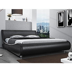 SHA CERLIN Modern Low Profile Platform Bed Frame Queen Size, Stylish Faux Leather Upholstered Sleigh Bed with Adjustable Headboard, No Box Spring Needed, Glossy Black