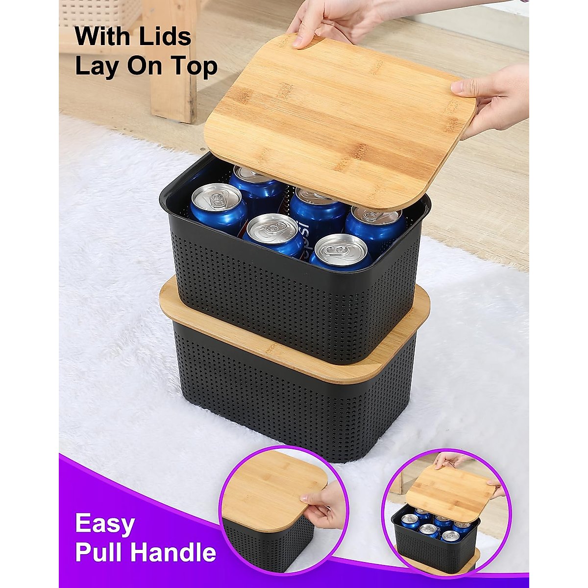 NEATJELAI Storage Bins With Lids 6 Packs Plastic Storage Containers With Bamboo Lids Stackable Storage Baskets for Organizing Desktop Closet Playroom Classroom Office,Black,10.8" L x 7.3" W x 5.1" H