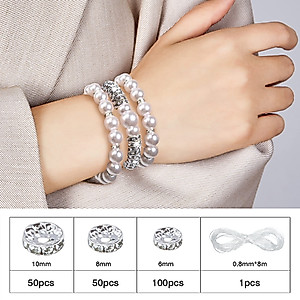 TOAOB 200pcs Rondelle Spacer Beads 6mm 8mm 10mm Round Crystal Czech Loose Spacer Beads Silver Rhinestone Charms Beads with Elastic String for DIY Crafts Jewelry Making Necklace Bracelet