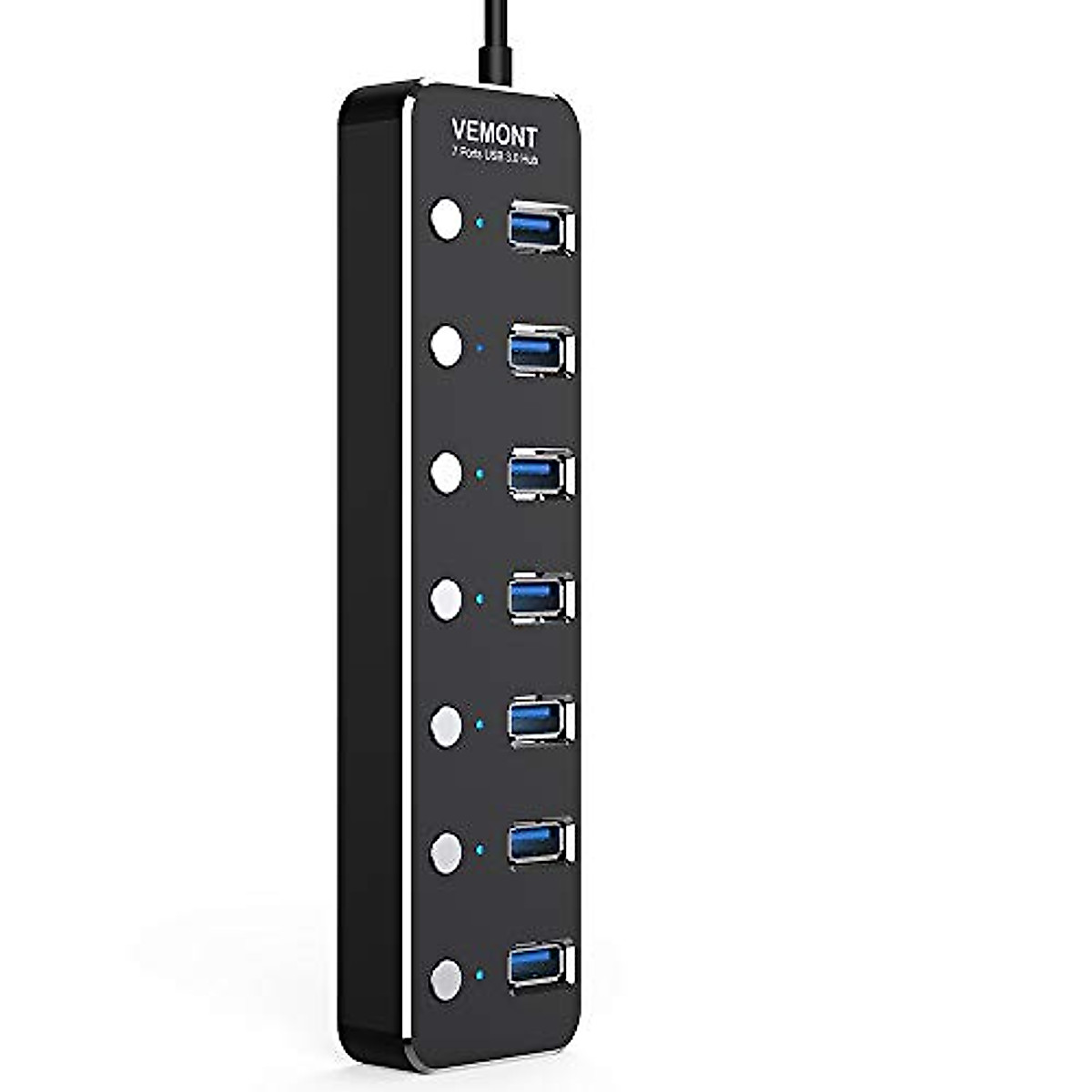 VEMONT USB hub Aluminum USB 3.0 Data Hub with Individual On/Off Switches and LED Lights for Laptop, PC, Computer (4ft/120cm) (7port)