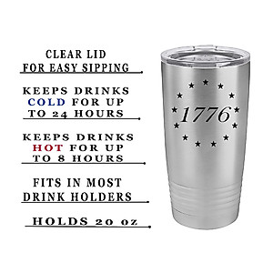 Rogue River Tactical Betsy Ross 1776 American USA Flag 20 Oz. Travel Tumbler Mug Cup w/Lid Vacuum Insulated Hot or Cold Military Vet Gift (Silver)