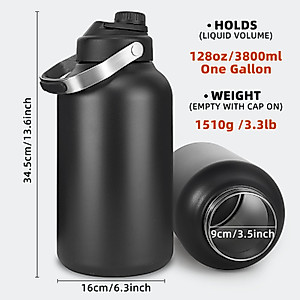 One Gallon Water Bottle, 128oz Stainless Steel Insulated Water Bottle For Hot & Cold Drinks, BPA-Free, Wide Mouth, Leak-Proof Big Water Jug With Handle For Sports, Travel, Hinking & Camping, Black
