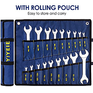 YIYEIE 18pcs Super-Thin Open End Wrench Set, Metric & SAE, 5.5mm to 27mm, 1/4" to 1-1/16", CR-V Steel with Mirror Finish, Ultra-Slim Wrench Set with Rolling Pouch