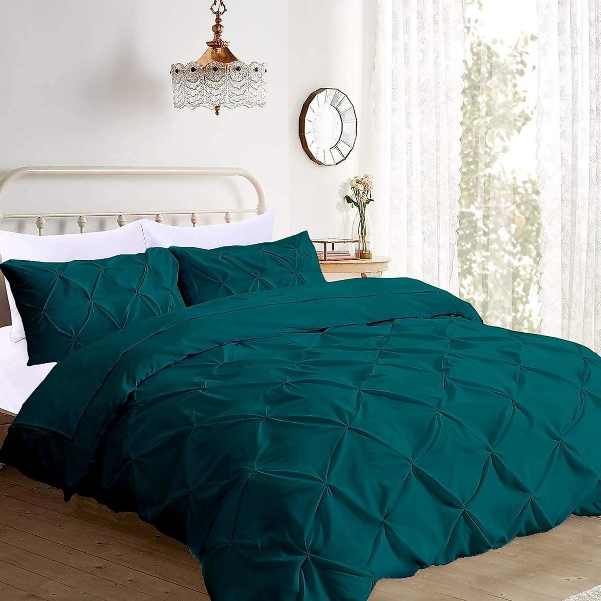 Good Night Bedding Duvet Cover Set - Pinch Pleated 5 Piece Duvet Cover Set 100% Cotton 800 Thread Count with Zipper & Corner Ties Tuffed Pattern Pintuck Decorative (Full/Queen, Teal) Duvet Set