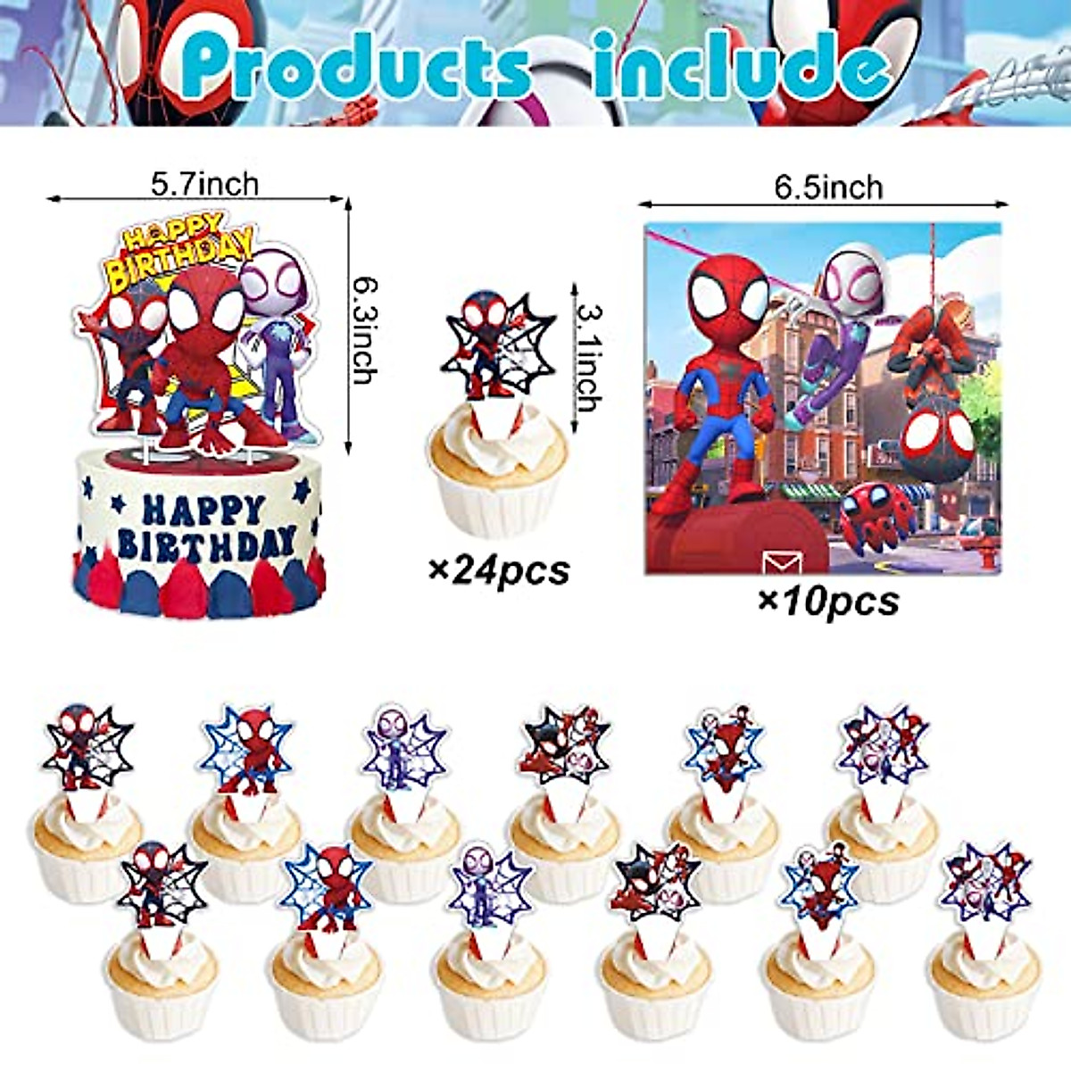 Spider and His Amazing Friends Birthday Party Supplies，Spider Theme Party Decorations With 20 Plates 10 Paper Towels 1 Tablecloth 1 Set of Banners and Cake Inserts， for Fans SPlDERMER Party Supplies