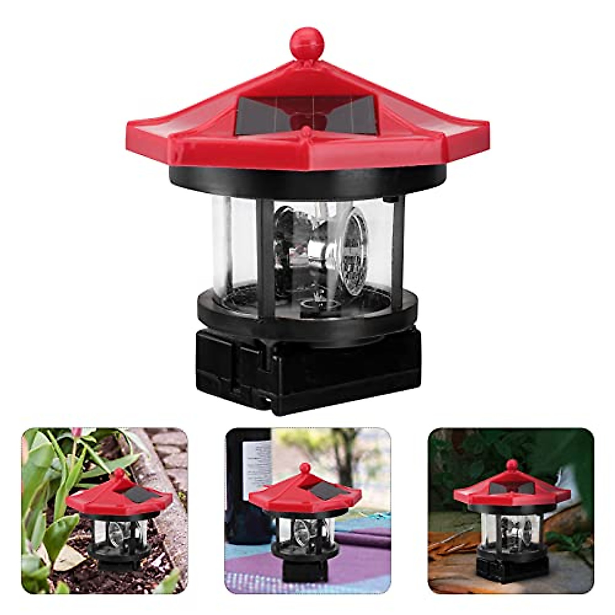 Happyyami Outdoor Spotlight LED Solar Powered Lighthouse 360 Degree Rotating Lamp Statue Rotating Lights Beacon Tower Hanging for Garden Outdoor Decor Red Fence Decor