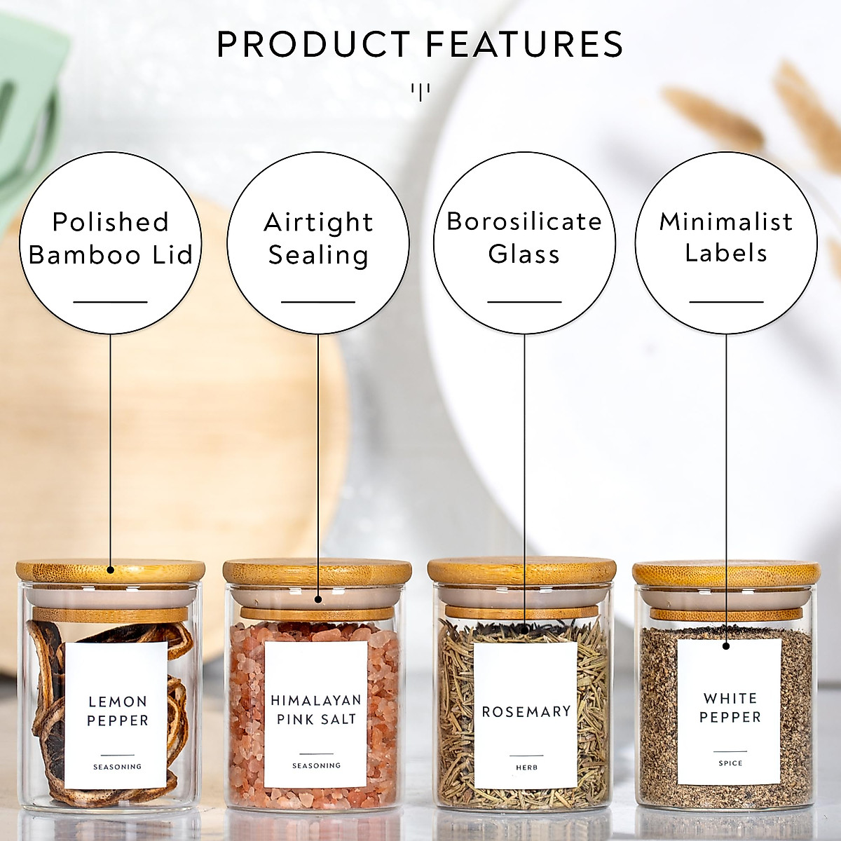 Laramaid 6oz 12Packs Glass Jars Set, Cylinder Spice Jars with Bamboo Lids and Customized Labels, Food Storage Container Canisters for Home Kitchen, Spice, Herbs, Seasoning, Seed, Tea, Sugar, Salt