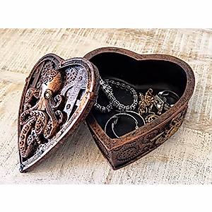 Top Brass Steampunk Octopus Heart Shaped Small Trinket Stash Jewelry Box Figurine - Unusual Eclectic Gothic Decor (Rustic Copper)