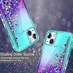 iPhone 13 Mini Case, [with Tempered Glass Screen Protector Included], STARSHOP Liquid Bling Sparkle Floating Glitter Quicksand Phone Case Girls Women Cute for iPhone 13 Mini - Teal/Purple