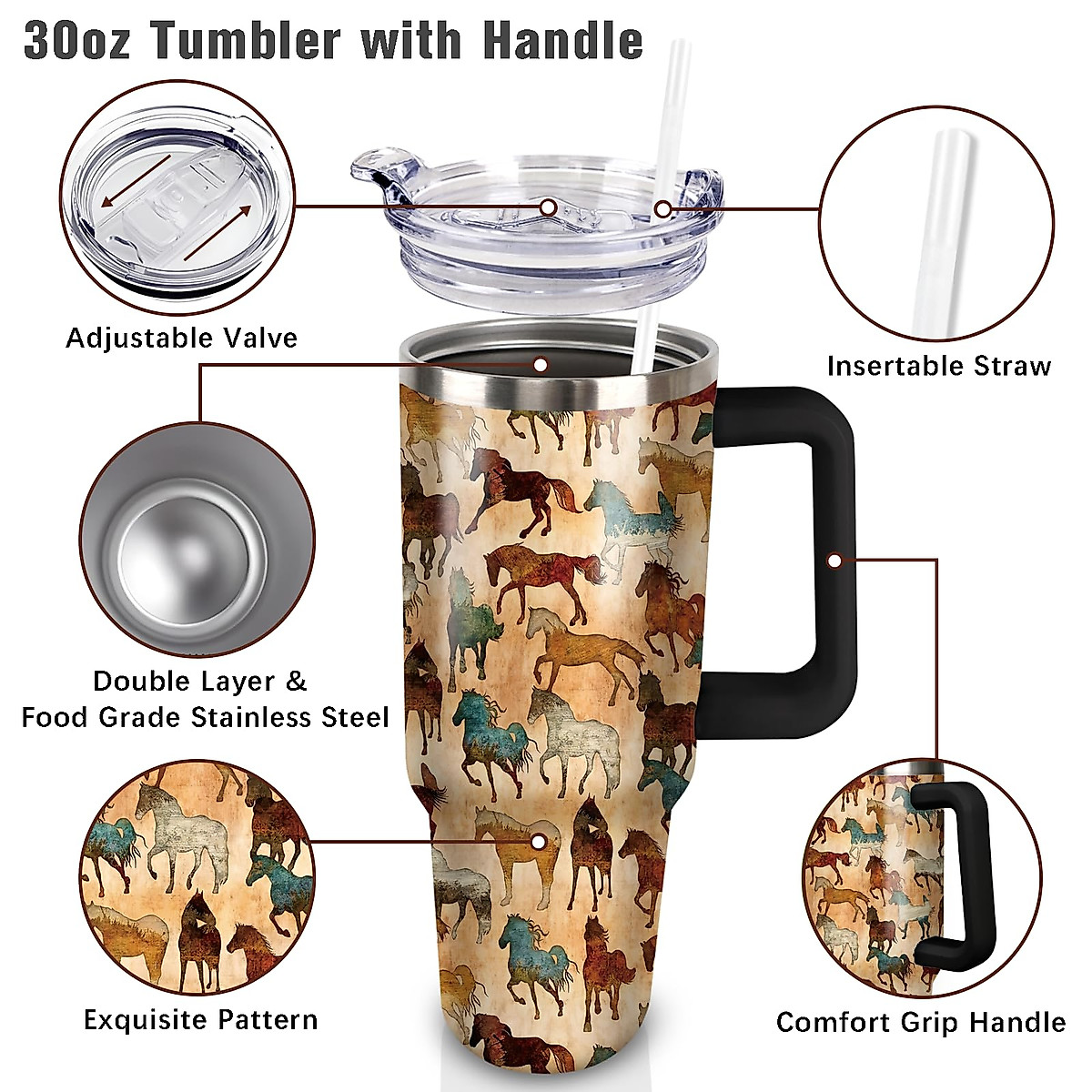 puhnhsv 30 oz Horse Tumbler With Handle and Straw, 30oz Insulated Stainless Horse Tumbler Coffee Travel Mugs Cup Water Bottle Horse Lovers Gifts for Women Girls