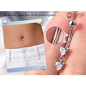 OUFER 14G Belly Rings, Dangle Belly Button Ring, 925 Sterling Silver Heart Belly Piercing Jewlery, Clear CZ Navel Piercing Jewelry for Women Men