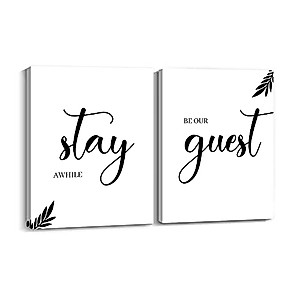 Creoate Wrapped Canvas Wall Art Be Our Guest Sign Wall Decor for Guest Room Stay Awhile Signs for Home Decor Minimalist Black and White Canvas Print Set of 2 for Living Room Decor (White)