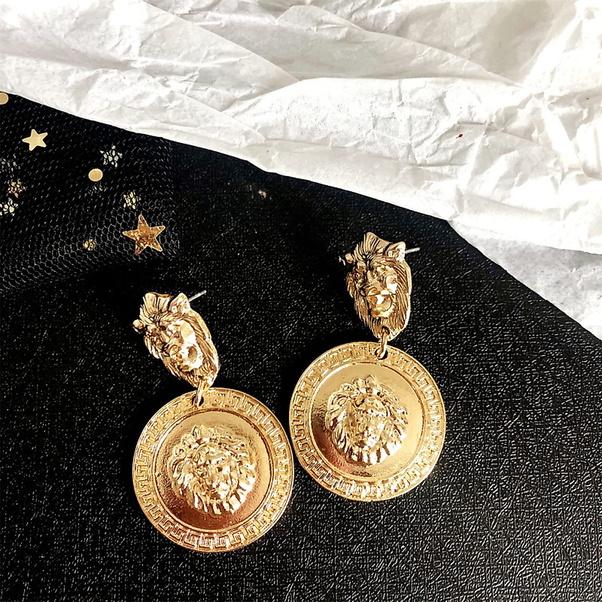 KaFu Statement Lion Head Earrings Big Coin Gold Circle Baroque Animal Dangle Earrings Vintage 80's Women Dainty Gift (large meatball)