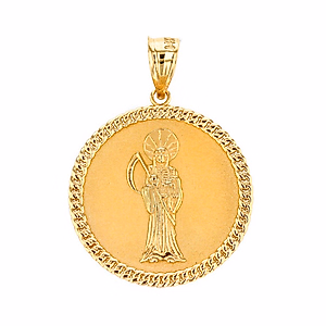 10k Yellow Gold Santa Muerte (Grim Reaper) Cuban Link Frame Medallion Pendant