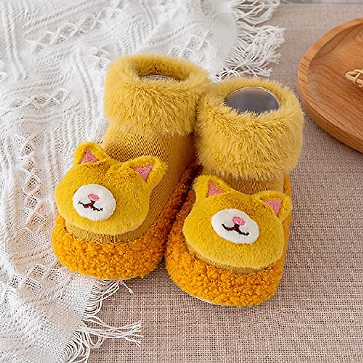 Infant Toddle Footwear Winter Toddler Shoes Soft Bottom Indoor Non Slip Warm Floor Animal Socks Shoes Boy Toddler Running Shoes (Yellow, 12-18 Months)