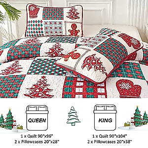 Christmas Quilt Set King,3 Pieces Reversible Christmas Tree Gloves Snowman Snowflake Pattern Bedspread Xmas Plaid Bedding Coverlet with 2 Pillowcases 104”x90”