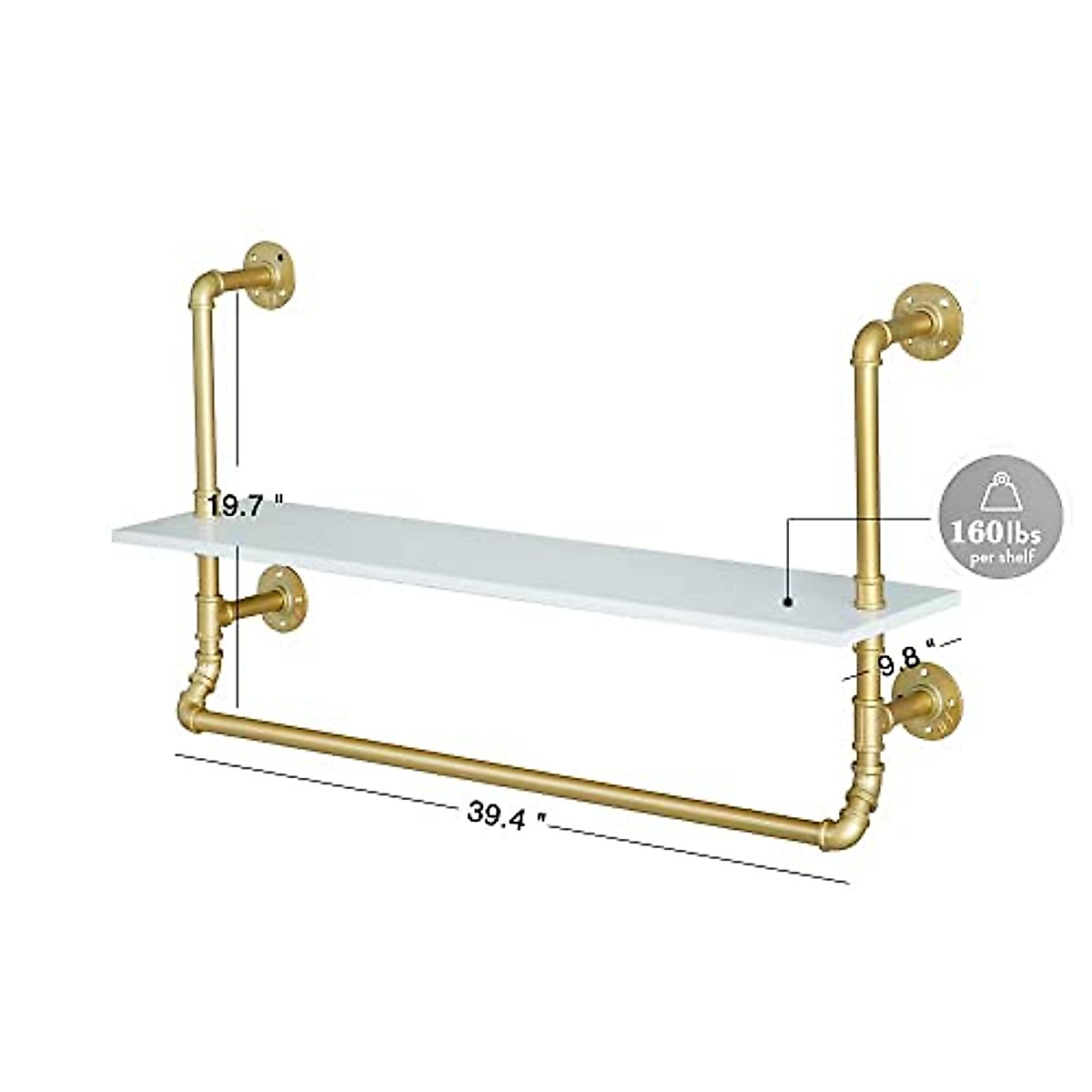 BOTAOYIYI Gold Clothing Rack, 40 inch Industrial Pipe Clothing Rack, Hanging Garment Clothes Wall Mounted with Shelves Shelving Rod White for Boutiques Retail Laundry Room Bedroom(39.4x9.8x19.7)