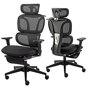 Ergonomic Office Chair with Foot Rest, Coat Hanger, High Back Mesh Computer Chair with Lumbar Support, High Resilience Sponge Seat, Comfy Reclining Home Office Desk Chair, Black