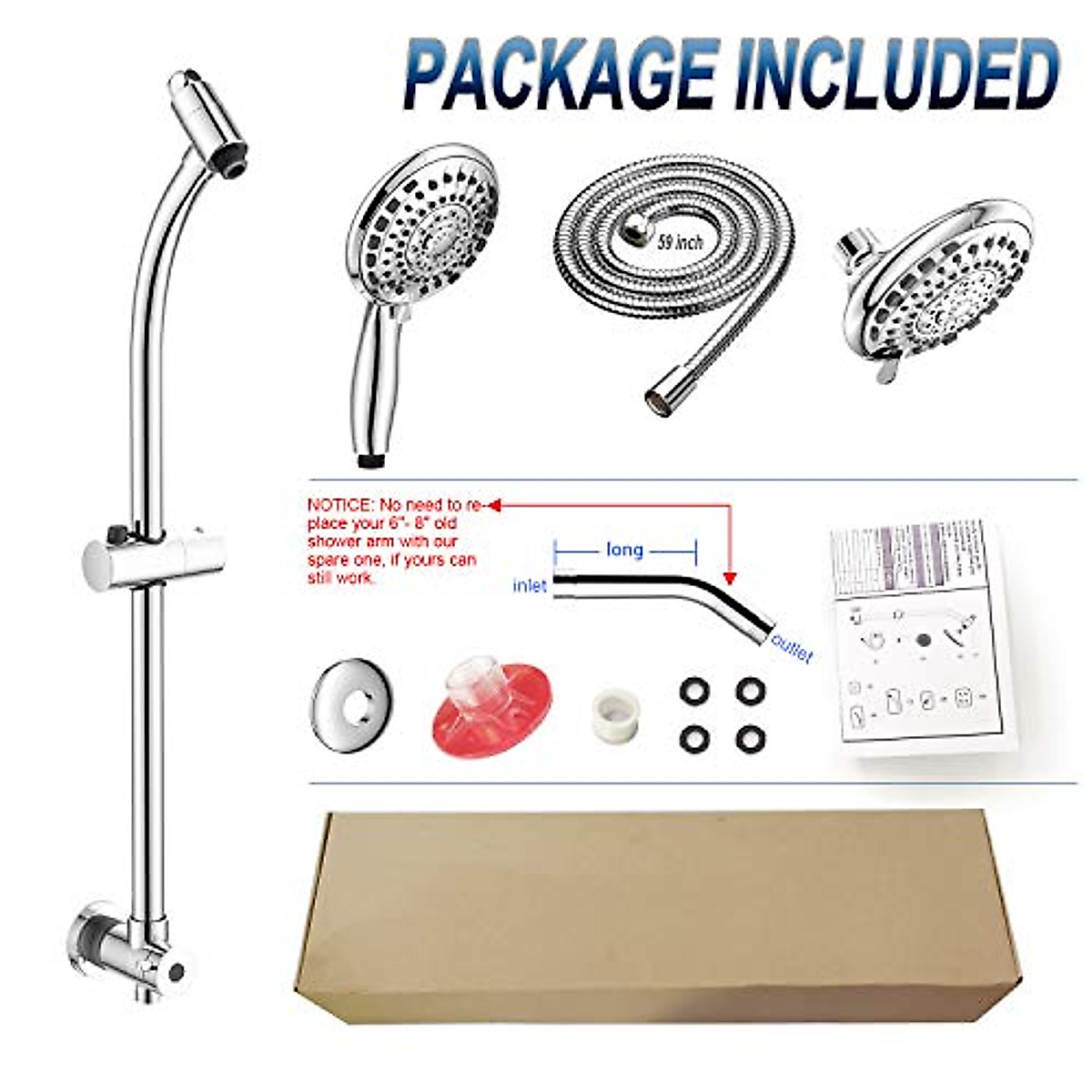 Egretshower Handheld Showerhead & Rain Shower Combo for Easy Reach, 27.5" Drill-free Stainless Steel Slide Bar, 5”of 5-setting Handheld Shower and Showerhead, with 5ft Hose - Polished Chrome