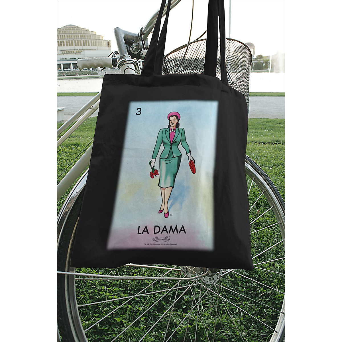 Pop Threads La Dama Woman Lady Loteria Card Mexican Bingo Black 15x15 inches Large Canvas Tote Bag