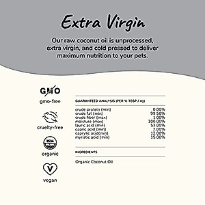 Organic Coconut Oil Pet Supplement for Dogs and Cats - Safe, Natural Skin and Coat Support with Cold Pressed Extra Virgin Coconut Oil - Itchy Skin, Dry Cracked Noses & Dry Skin Treatment - Made in USA