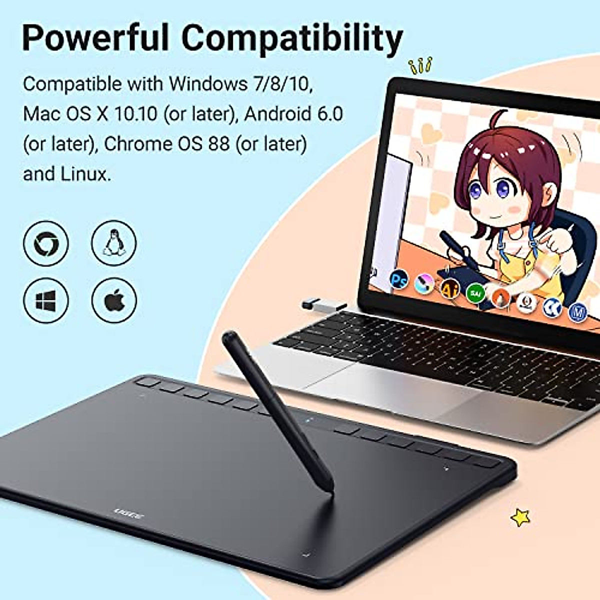 UGEE S1060W Wireless Graphic Drawing Tablet, 10X6.27 Digital Art Pen Tablet with 12 Shortcut Keys,Battery-Free Pen 8192 Pressure Compatible with Android, Windows, MAC OS, Chrome OS,Linux