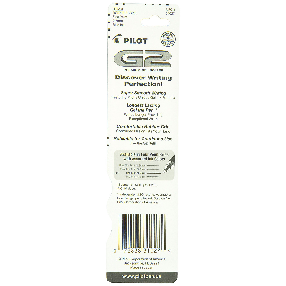 Pilot G2 Retractable Premium Gel Ink Roller Ball Pen, Fine Point, Single Pen, Blue Ink (31027)