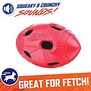 Nerf Dog Rubber Football Dog Toy with Interactive Squeaker and Crunch, Lightweight, Durable and Water Resistant, 6 Inch Diameter for Medium/Large Breeds, Single Unit, Red