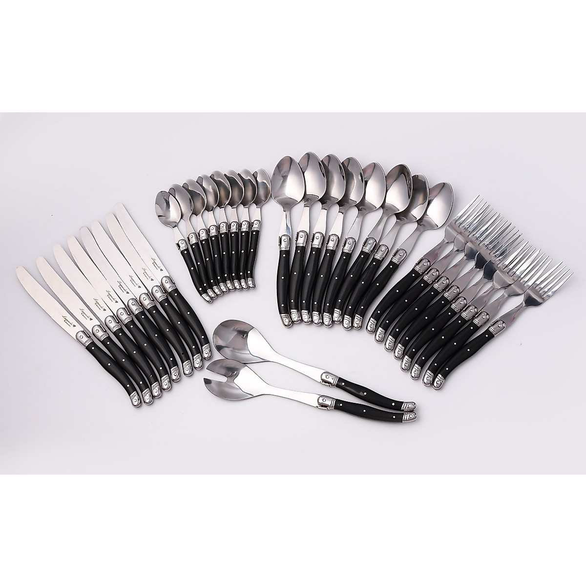 Laguiole By FlyingColors Stainless Steel Flatware Set. Black Color Handle, Wooden Storage Box, 34 Pieces