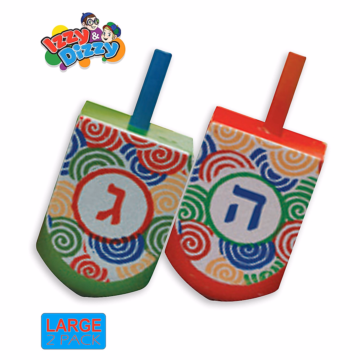 Hanukkah Dreidels - Extra Large Multi Colored Wooden Dreidel - 2 Pack
