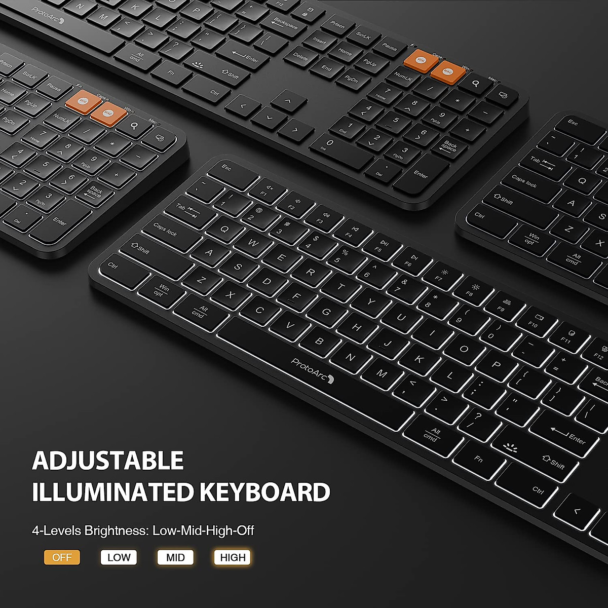 ProtoArc Backlit Wireless Keyboard, K100 2.4G Ultra Slim Wireless Illuminated Keyboard Full Size Silent Keyboard, Rechargeable, USB/Type C Connection, Natural Typing, Windows/Mac(Black)