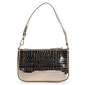 Olivia Miller Women's Fashion Faux Crocodile Leather Gold Shoulder Bag w Adjustable Shoulder Strap for Wristlet Option, Casual Chic 90s Y2K Retro Purse Handbag