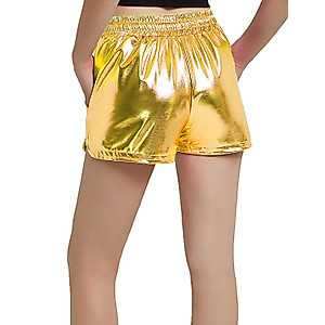 Women's Metallic Shorts Yoga Shiny Sparkly Hot Drawstring Outfit Short Pants L