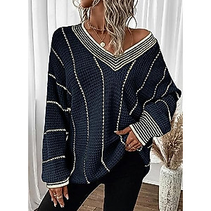 Dokotoo Women Sweater Casual Striped Tunic Long Sleeve Cute Oversized V Neck Knitted Pullover Sweaters for Women Blue X-Large
