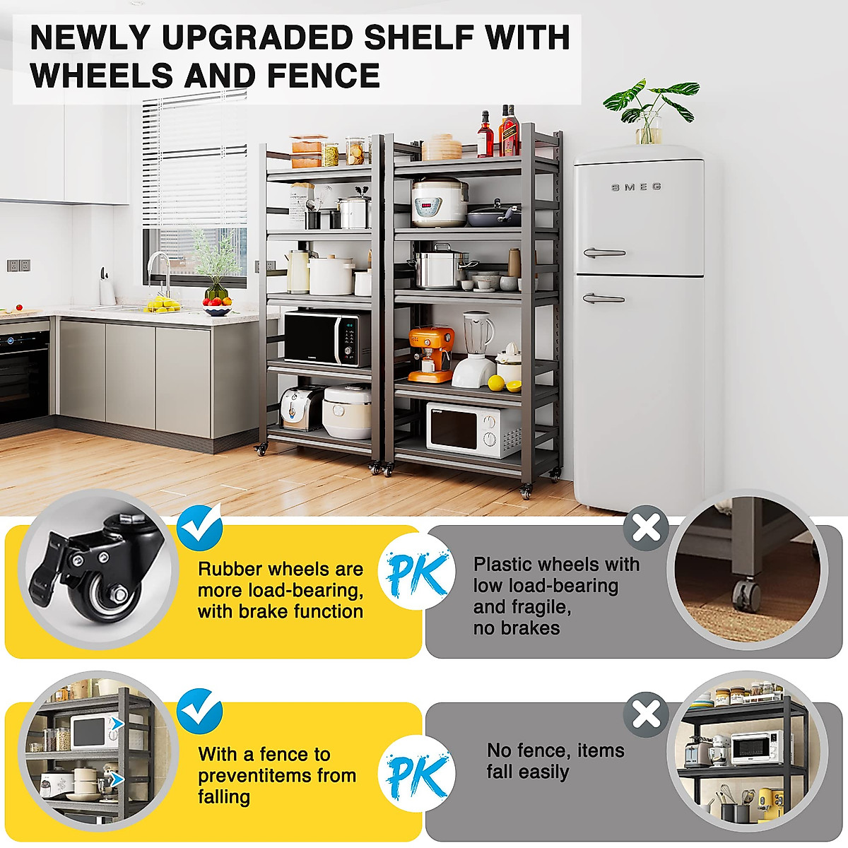 63" H Garage Shelving with Wheels,Sturdy Garage Shelves Heavy Duty Shelf,Large Metal Shelves,Adjustable Garage Storage Shelves Rack Unit for Warehouse Industrial Basement Storage,Steel