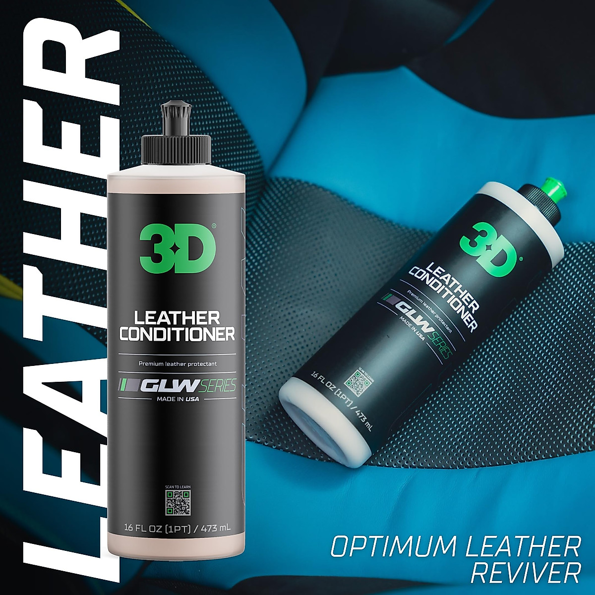 3D Leather Conditioner for Car, GLW Series | Restore, Condition, Protect | UV Protection | Conditions Leather Seats, Furniture, Boots, Apparel | DIY Car Detailing | 16 oz