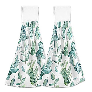 Green Eucalyptus Leaf Tropical Plant Hanging Kitchen Towels 2 Pieces Absorbent Tie Towel Dish Cloth Soft Hand Towel Tea Bar Towels for Bathroom Restroom Home Decor