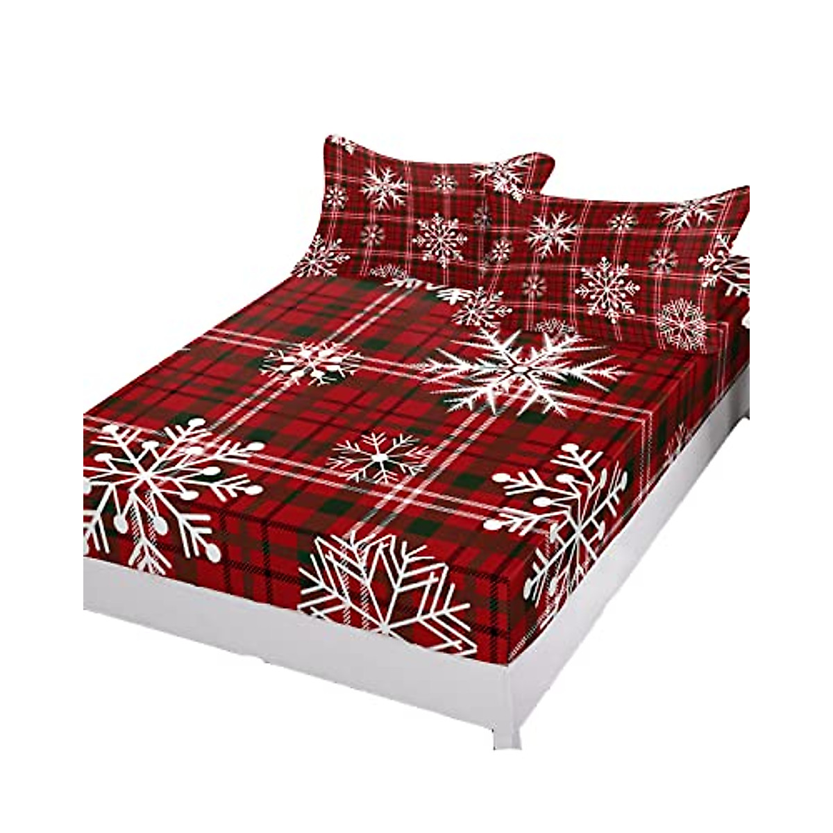 Christmas Fitted Bed Sheet Full Size,Winter Snowflake Soft Bottom Sheet with Pillow Case,Green Red Tartan Plaid Fitted Sheet Bedding Set for Mattress Fit 5"-16" Deep Pockets