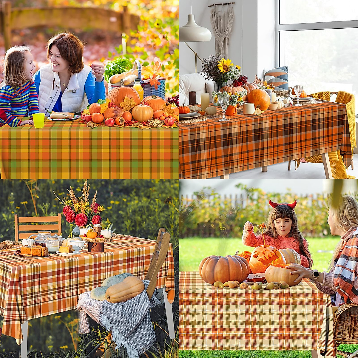 Lenyunge 4PCS Orange Fall Plaid Tablecloth,Checkered Thanksgiving Disposable Tablecloth Waterproof Plastic Autumn Buffalo Plaid Table Cloth for Fall Thanksgiving,54x108Inch
