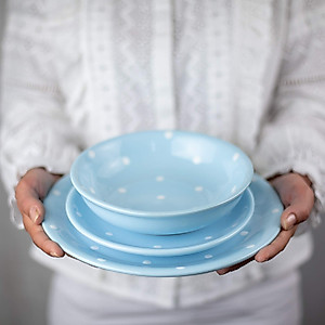 City to Cottage Handmade Light Sky Blue And White Pottery Polka Dot Glazed 7.3inch/18.5cm, 14oz/400ml Salad, Pasta, Fruit, Cereal, Soup Bowl | Unique Ceramic Dinnerware, Housewarming Gift