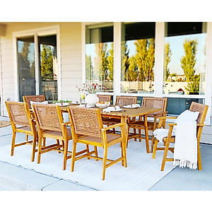 PHI VILLA 9 PCS Acacia Wood Outdoor Dining Set for 8, Teak Rectangle Wooden Table & Dining Chairs with Wicker Seat and Back, Farmhouse Dining Furniture Set for Patio, Deck, Yard, Porch