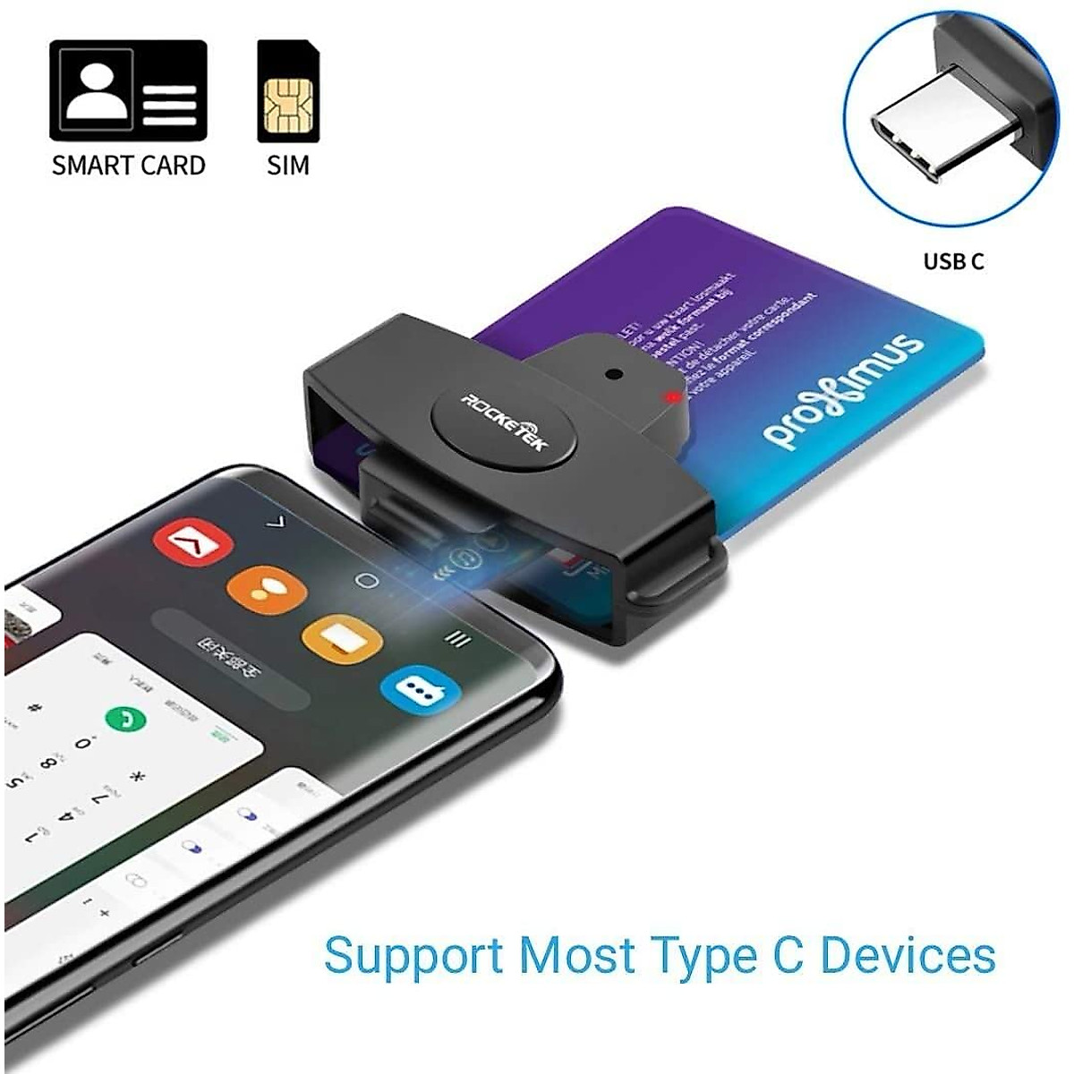 MTAKYI Portable Type C CAC Smart Card Reader, USB C DOD Military Common Access Card Card Reader, Credit Card Reader Compatible with Android Phones/Mac Book/i Mac/Laptop/Tablet or Other Type C Devices
