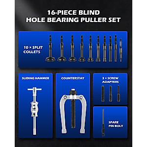 Orion Motor Tech Blind Hole Collet Bearing Race and Seal Puller Extractor Kit, Slide Hammer Pilot Insert Inner Bearing Removal Tool Set, 16 Pieces