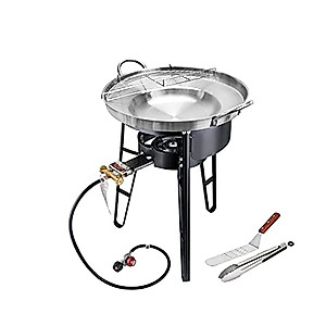 Aramco 22 in Large Mexican Style Wok Concave Comal Griddle Outdoor Cooking Disc Wok Stainless Steel 5pc Set High Pressure Propane Fire Burner Stand,Silver Black Stand